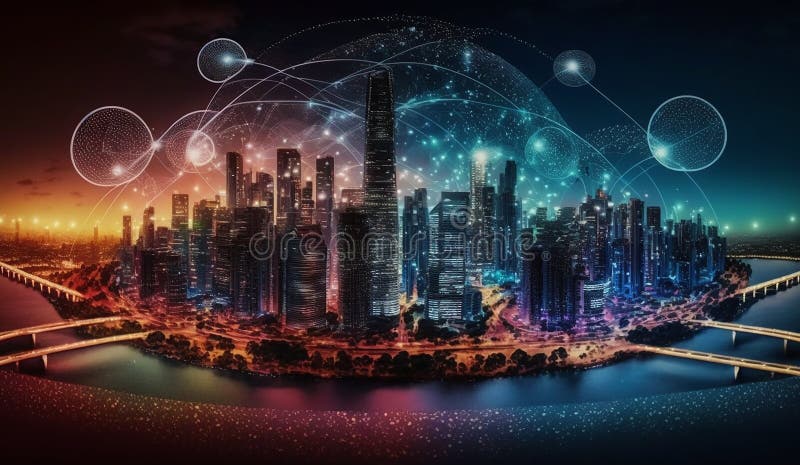 Colourful Smart City and Connection Technology Concept, Illustration of ...