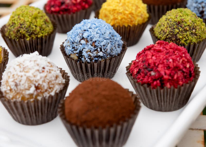 Colourful Sweet Balls with Different Tastes on White Background Stock ...