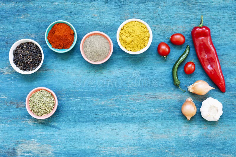 Colourful Various Vegatable and Spices for Cooking on Blue Background ...