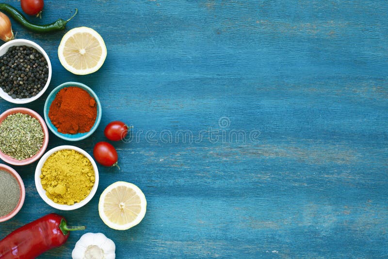 Colourful Various Vegatable and Spices for Cooking on Blue Background ...