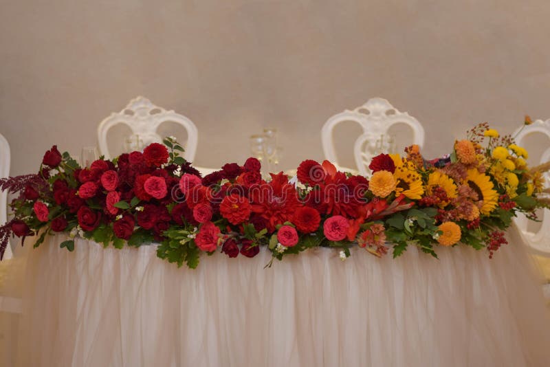 Colourful Wedding Decorations. Wedding Main Table with Fresh Flowers ...