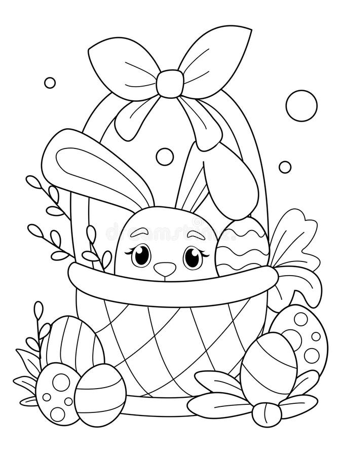 Coloring Page, Outline of Cartoon Bunny in the Basket with Easter Eggs ...