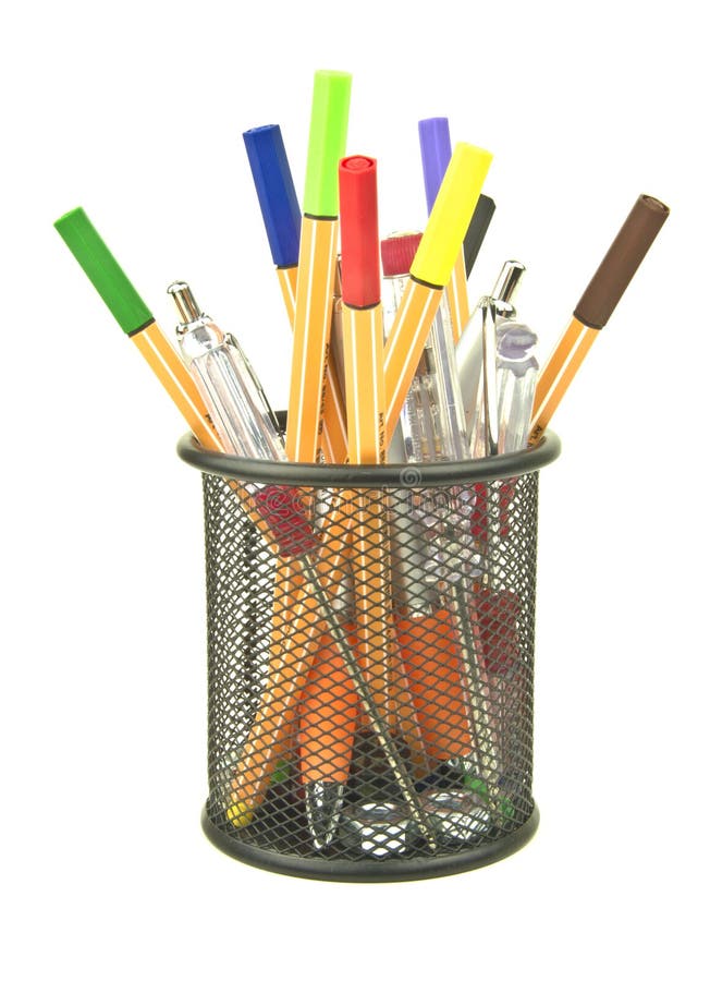 Colouring Pens and Junk in Desk Tidy Stock Image - Image of paper ...