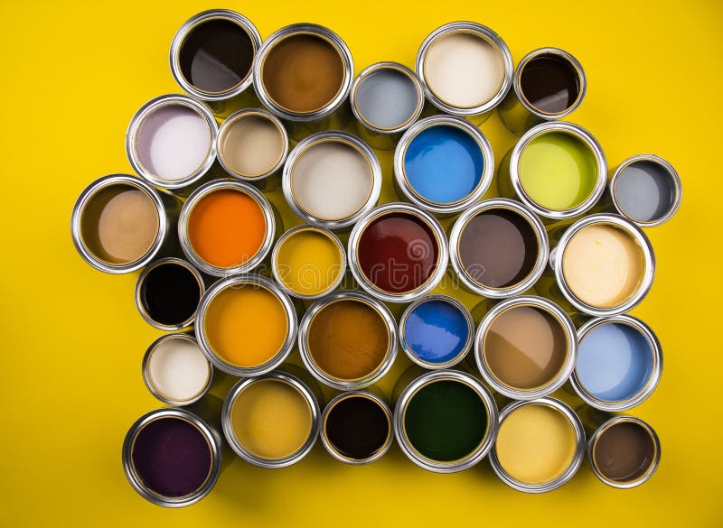 Colours Paint Can, Yellow Background Stock Photo - Image of arranging ...