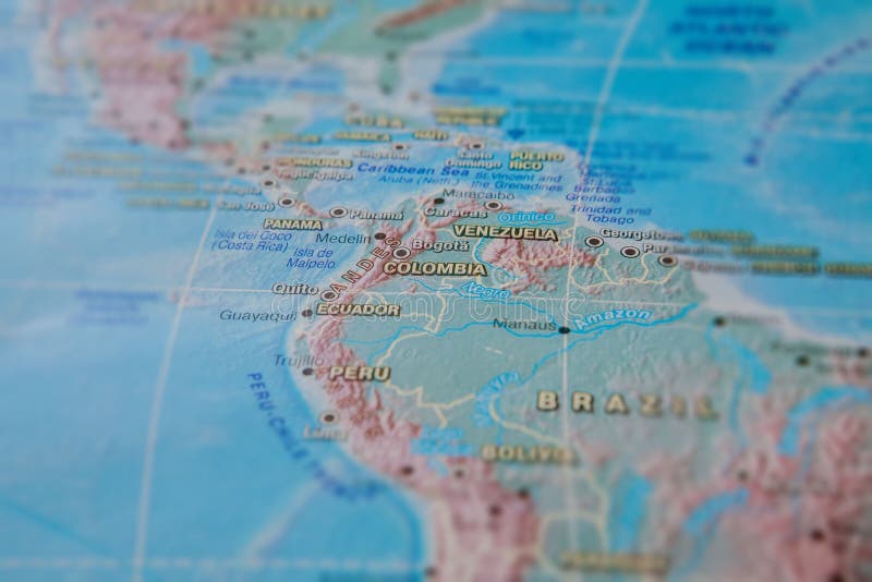 Columbia in Close Up on the Map. Focus on the Name of Country Stock ...