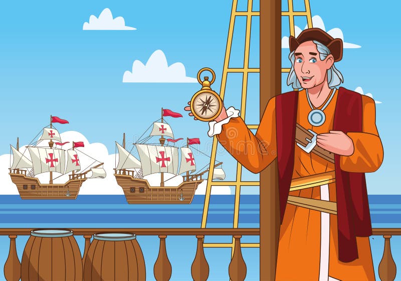 Columbus Day Celebration Scene of Christopher Lifting Compass Guide ...