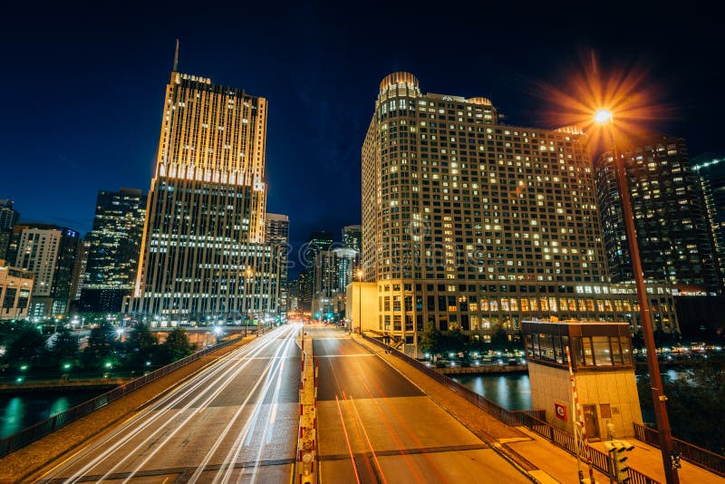 The Columbus Drive Bridge Over the Chicago River at Night, in Chicago ...