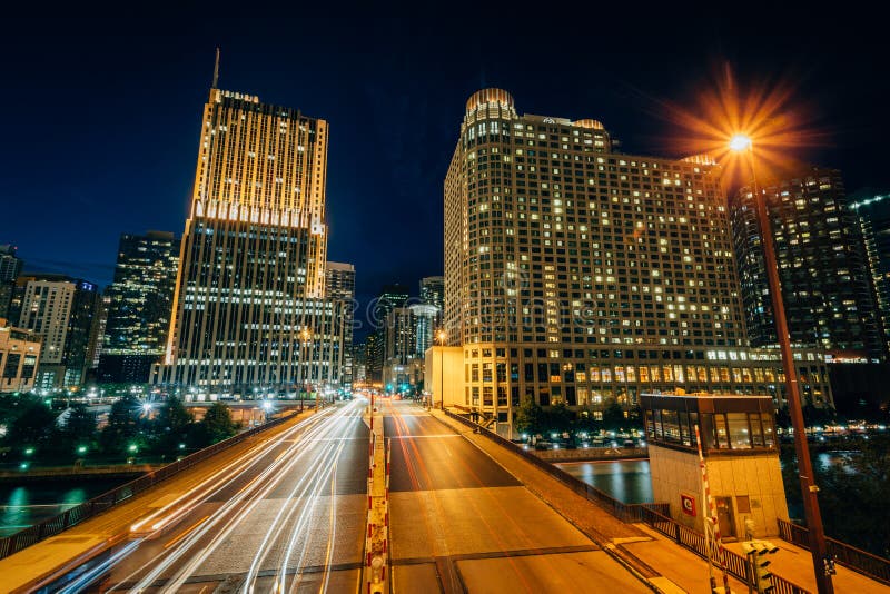The Columbus Drive Bridge Over the Chicago River at Night, in Chicago ...