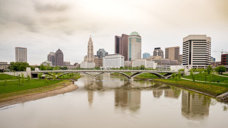 Columbus River and Ohio Skyline with Clouds and Reflection in the Water ...
