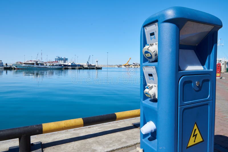 Column with Electrical Power for Yachts and Boats on Docks Stock Photo ...