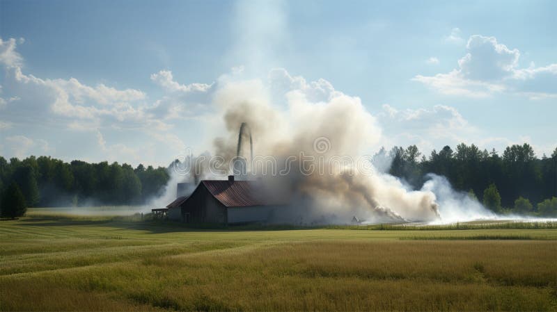 A Column of Fire Rises into the Air Above a House in a Field Stock ...