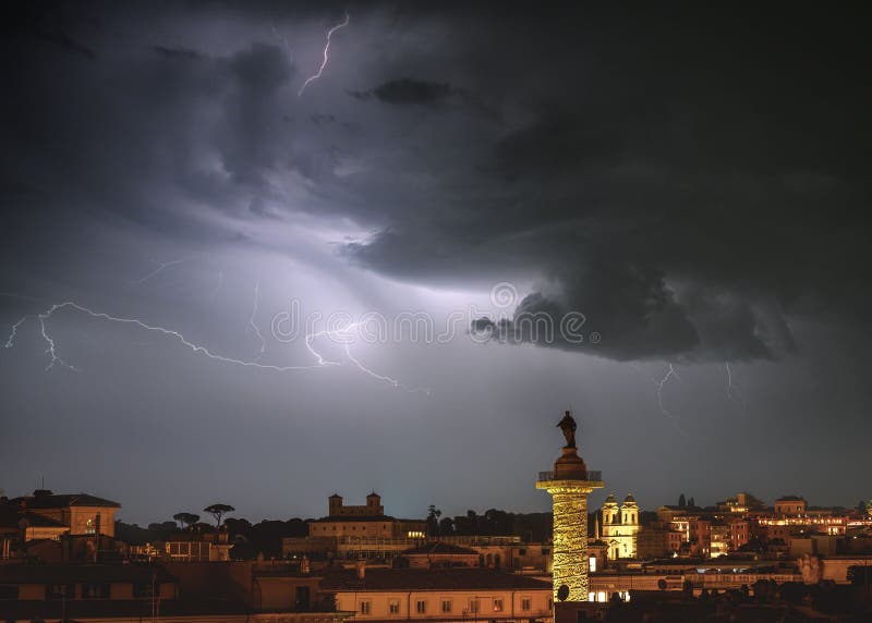 Column of Marcus Aurelius in a Thunder Storm in Rome, Italy Stock Photo ...