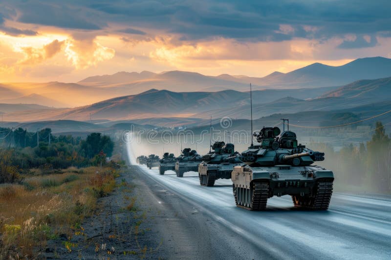Column of Military Vehicles Driving Along the Road Stock Photo - Image ...