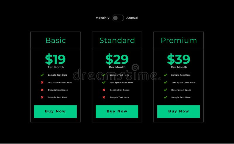 3 Column Pricing Chart Table Dark Template for Website App Stock Vector - Illustration of ...