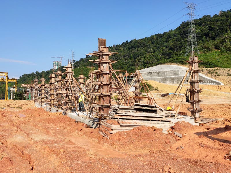 Column Timber Formwork and Reinforcement Bar at the Construction Site ...