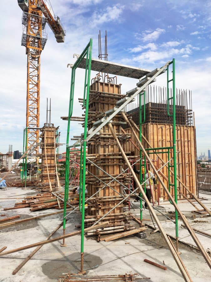 Column Timber Formwork and Reinforcement Bar at the Construction Site ...