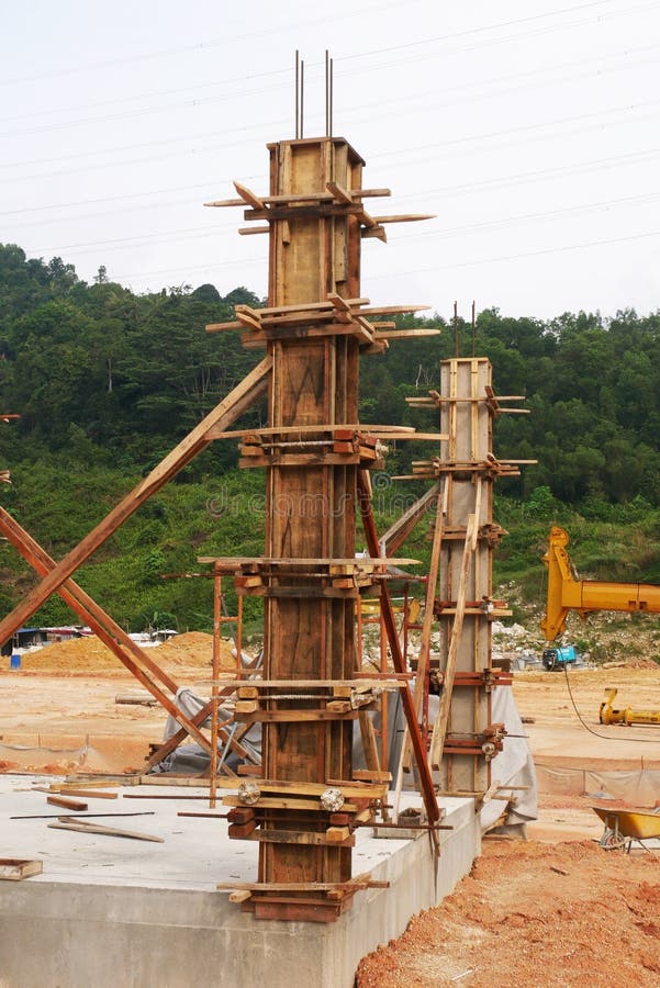 Column Timber Formwork and Reinforcement Bar at the Construction Site ...