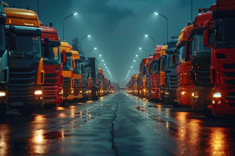 A Column of Trucks, Lorries Stands on the Road Waiting for Loading ...