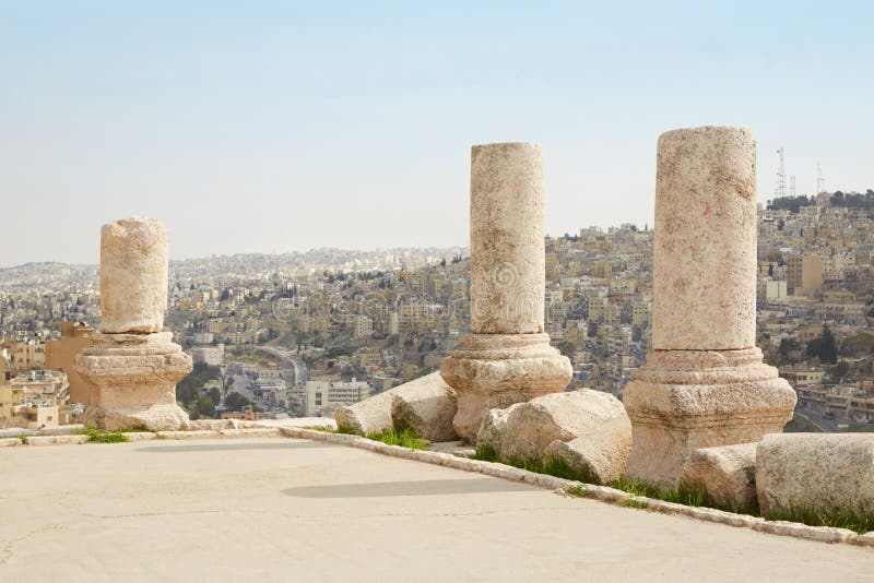 Columns on the Amman Citadel, Jordan, City View Stock Photo - Image of ...