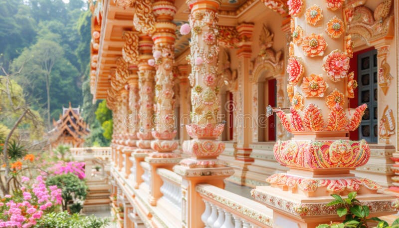 Columns on Building Side with Flowers in the Background, Creating ...