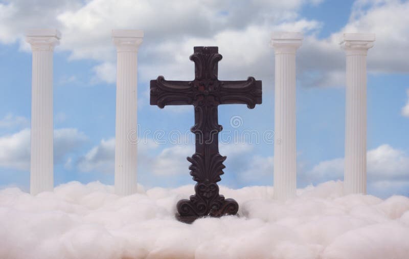Heaven Columns and Clouds with Blue Sky and Cross Stock Photo - Image ...