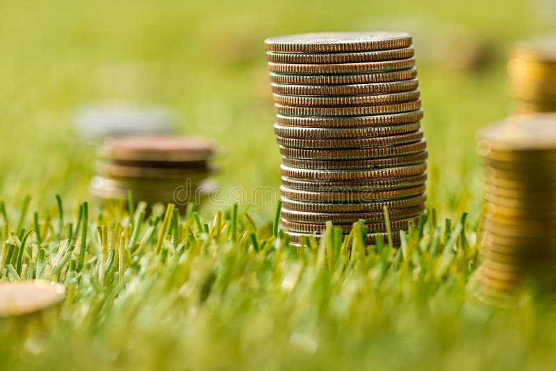 The Columns of Coins on Grass Stock Photo - Image of currency, bank ...