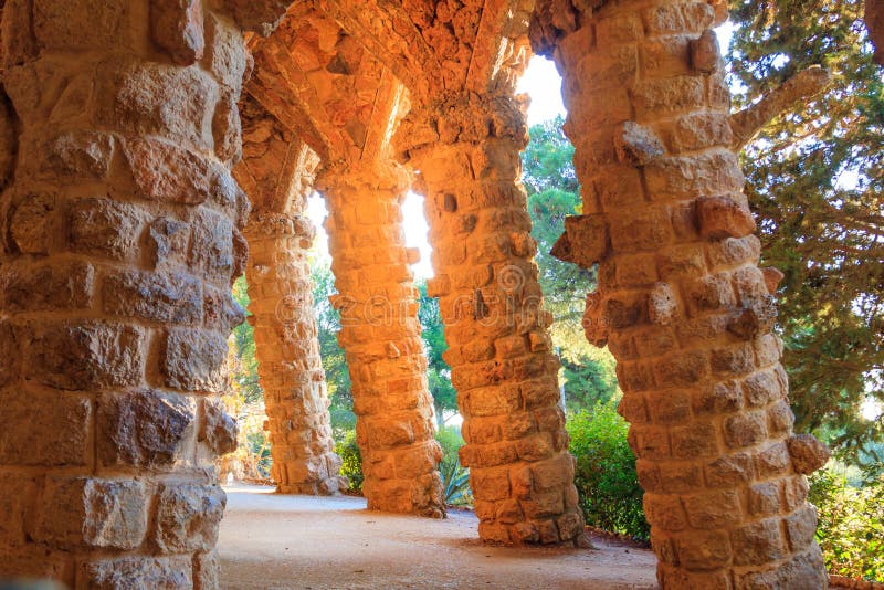 Columns Designed by Antoni Gaudi in Park Guell in Barcelona, Spain ...