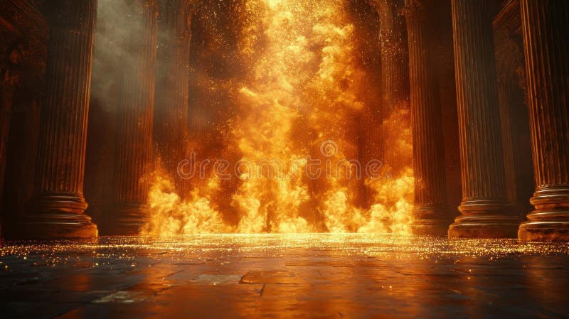 Columns Frame Golden Flames in Grand Hall with Fire Theme Stock ...