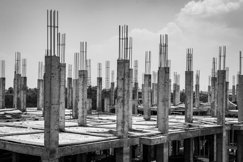 Columns Under Construction in Yangon Outskirts, Black and White Image ...