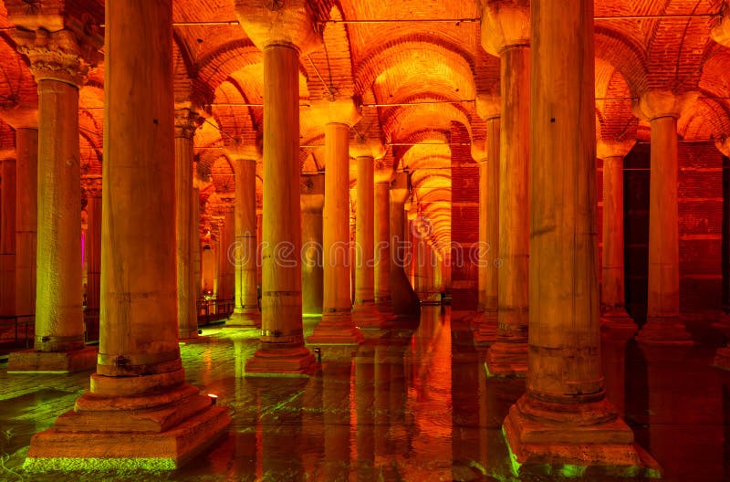 Columns and Walls in an Ancient Structure Adorned with Tiles and Water ...