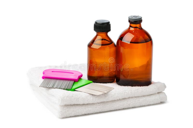 Comb, Anti Lice Medicine and Towel on White Background Stock Image ...