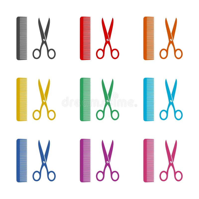 Comb and Scissors Icon or Logo, Color Set Stock Vector - Illustration ...