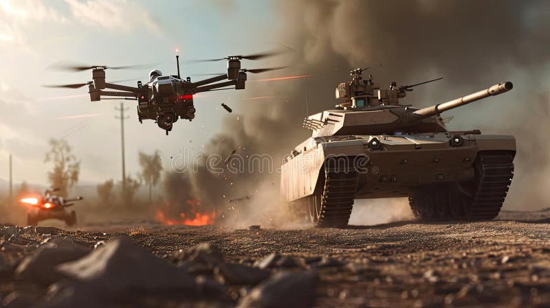 Combat Aerial Drone Attacking a Tank Stock Illustration - Illustration ...