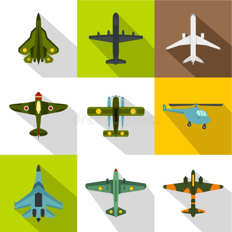 Combat Aircraft Icons Set, Flat Style Stock Vector - Illustration of ...
