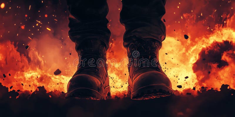 Combat Boots Standing Firm Amidst Fiery Explosion and Debris in ...