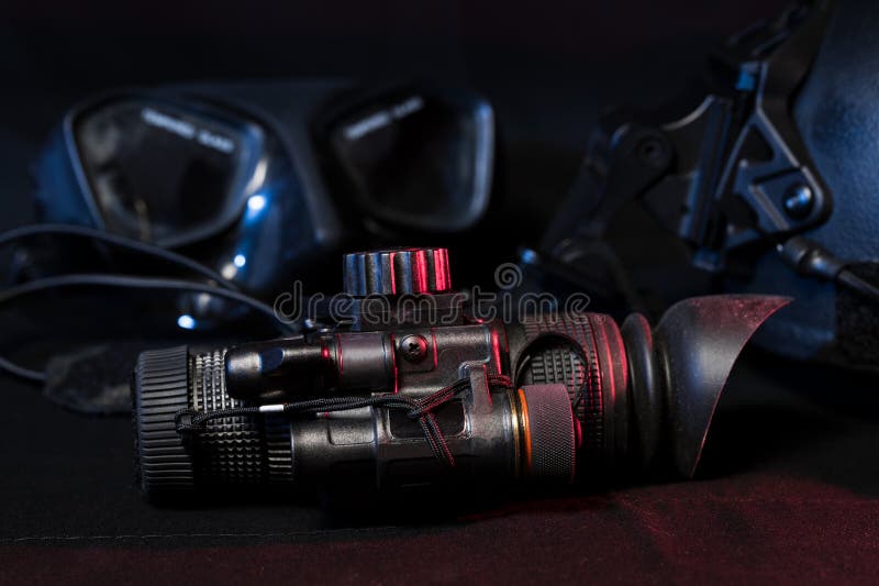 Combat Divers Equipment, Tactical Helmet, Night Vision Monocular and ...