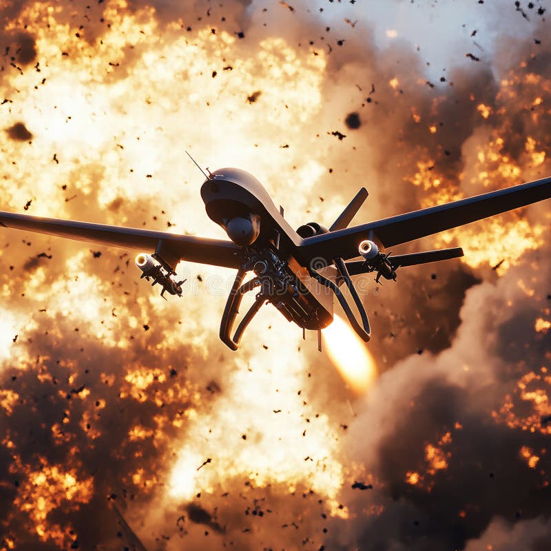 Combat Drone Launching Missiles in Firestorm. Stock Illustration ...