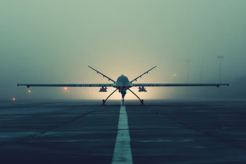 Combat Drone Resting on the Airstrip, Enveloped in Thick Fog, Awaiting ...