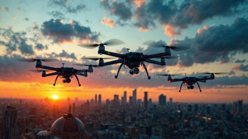 Combat Drones Against the Backdrop of Sunset and City Stock ...
