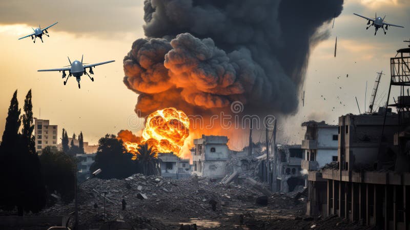 Combat Drones Over a War Zone with Burning and Bombed Houses. Realistic ...