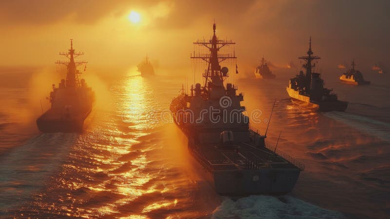 Combat Landing Ships are Sailing at Dawn Stock Photo - Image of ...