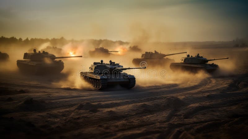 Combat Offensive, Tanks on the Battlefield, Surrounded by Dust, Smoke ...