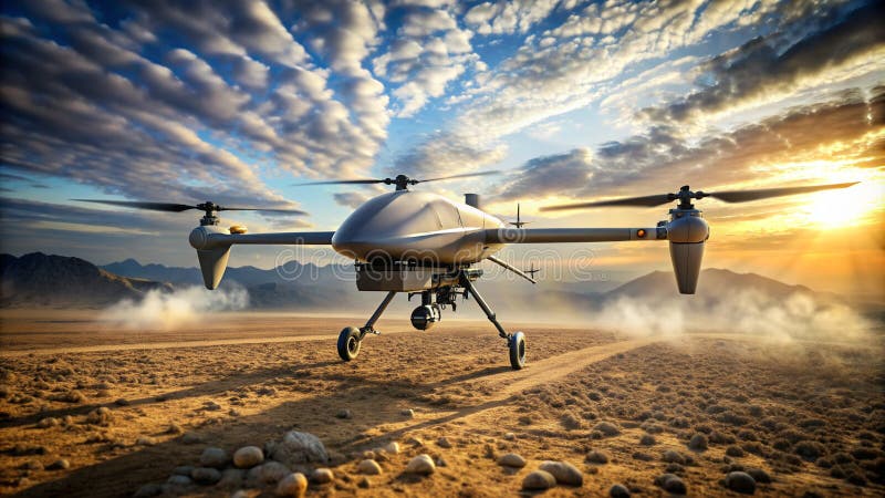 Combat Reconnaissance Drone in the Sky Flying Above Objects on the ...