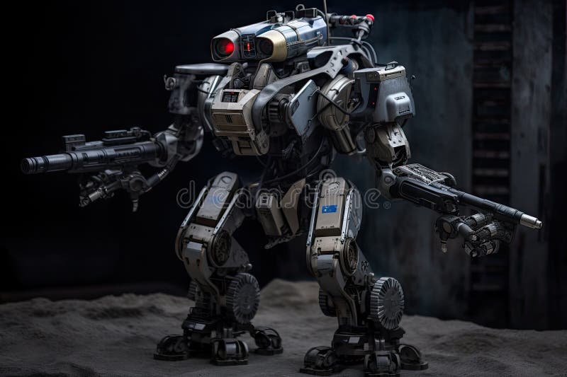 Combat Robot, Armed with Machine Gun and Grenade Launcher, Ready To ...