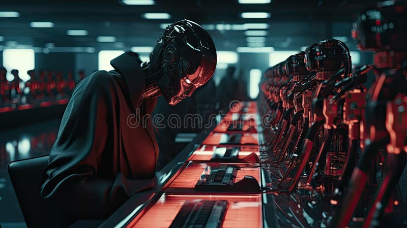 Combat Robot in Military Metal Armor. Futuristic Cyborg Security Guard ...