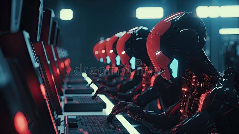 Combat Robot in Military Metal Armor. Futuristic Cyborg Security Guard ...