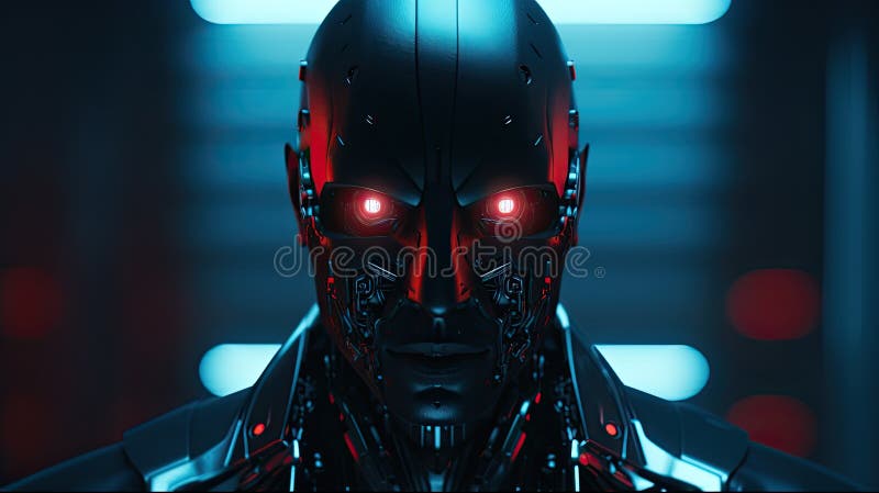 Combat Robot in Military Metal Armor. Futuristic Cyborg Security Guard ...