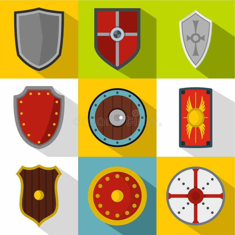 Combat Shield Icons Set, Flat Style Stock Vector - Illustration of ...