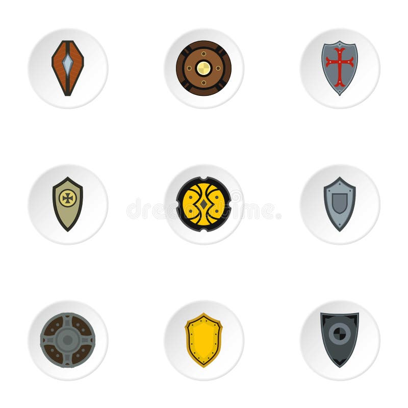 Combat Shield Icons Set, Flat Style Stock Vector - Illustration of ...