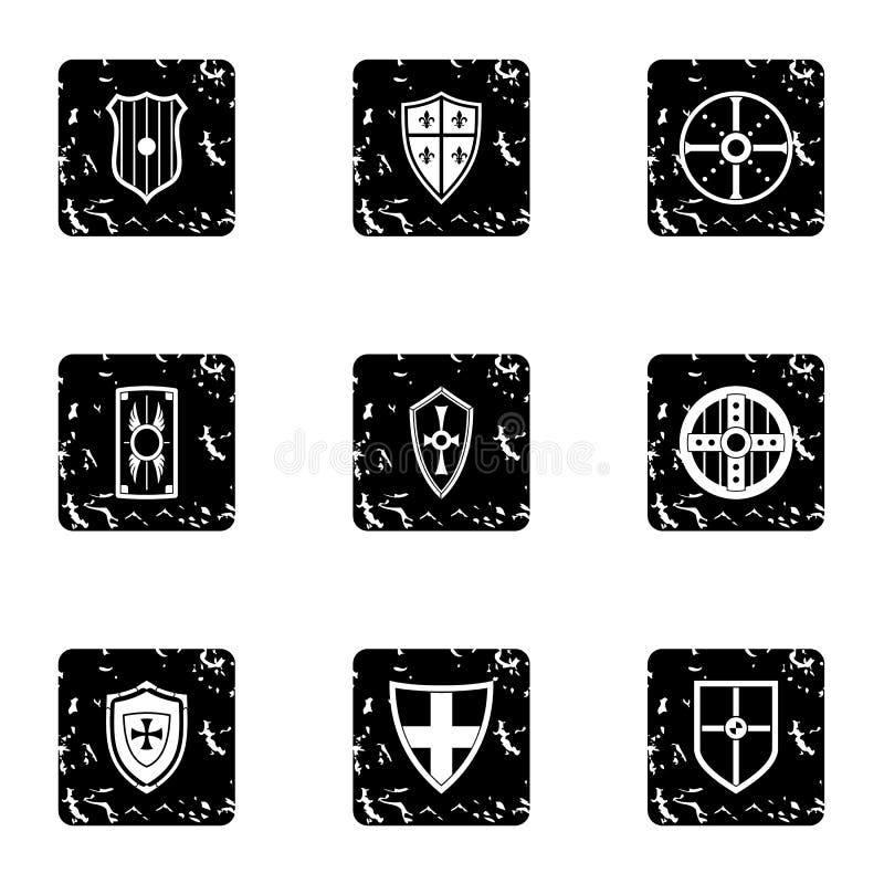 Combat Shield Icons Set, Grunge Style Stock Vector - Illustration of ...